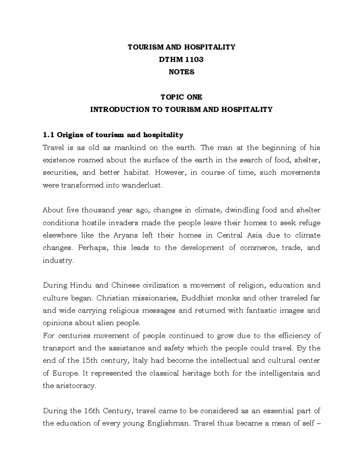 DTHM 1103 - Intro to Tourism & Hospitality: Key Concepts & Notes - Studocu