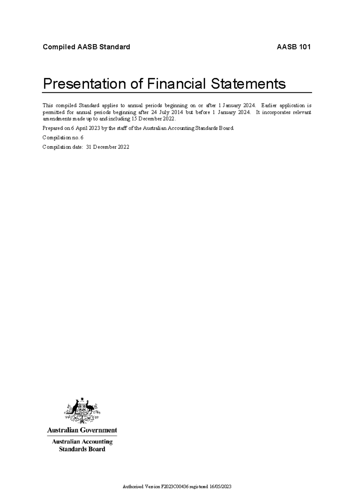 AASB 101 Presentation of Financial Statements: Compiled Standard 2023 ...
