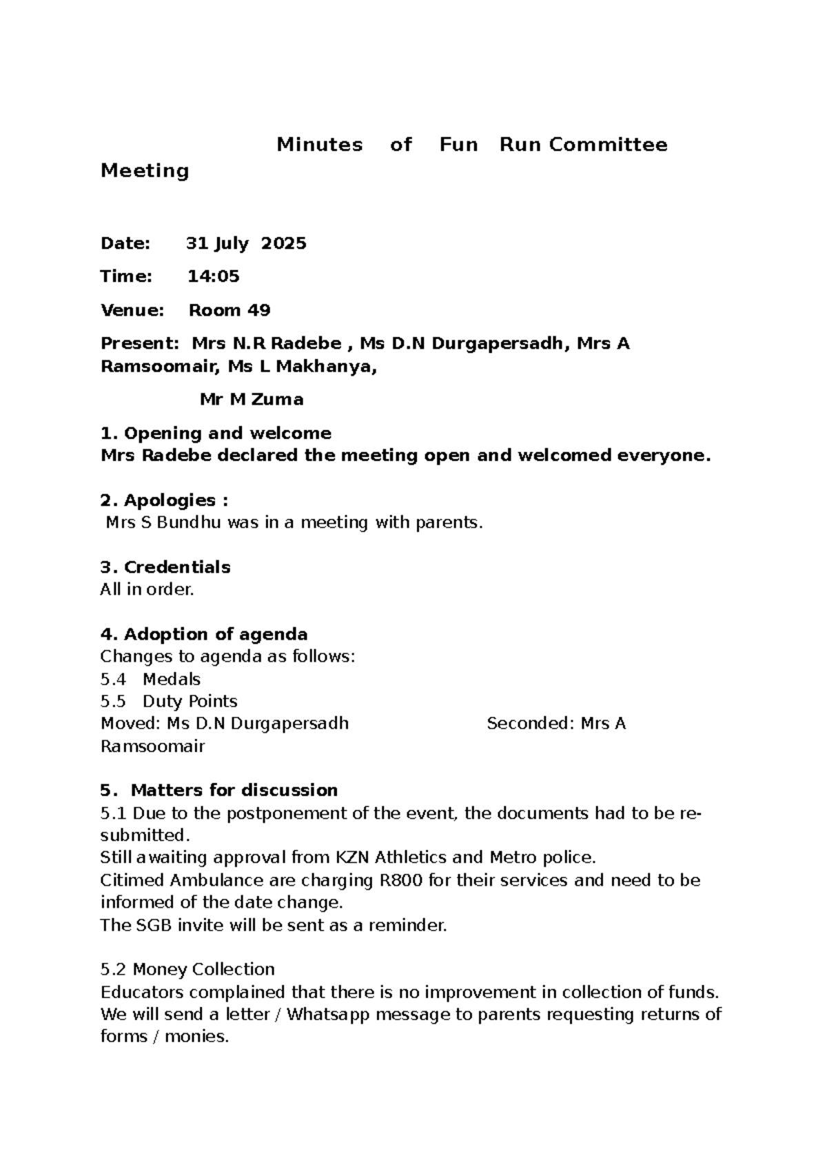 Fun Run Committee Meeting Minutes - 31 July 2025 - Studocu