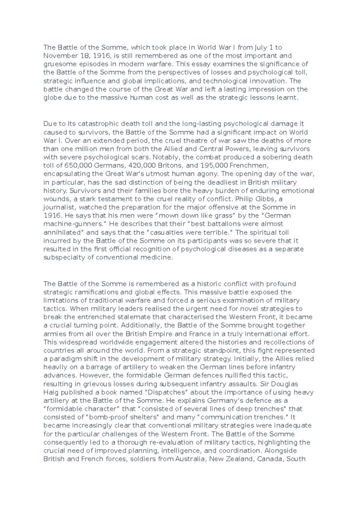 WWI Battles: The Somme's Impact & Lessons - History Essay - Studocu