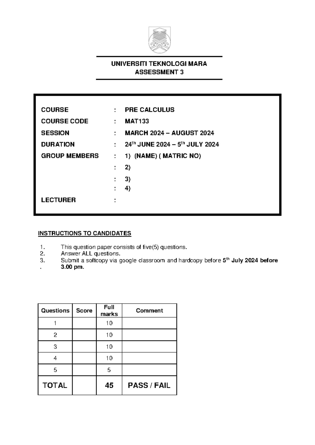 Mat133 Pre Calculus Assessment 3 Instructions Questions Studocu