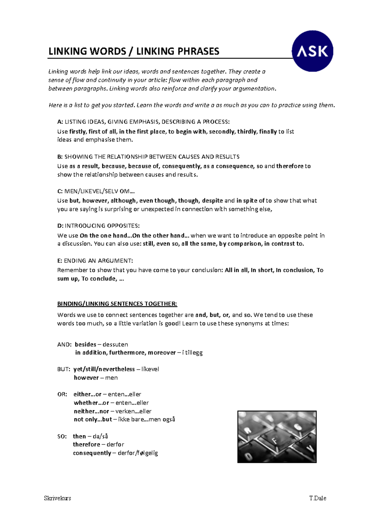 LINKING WORDS: A Guide to Bindeord i Engelsk for Skrivekurs T.Dale ...