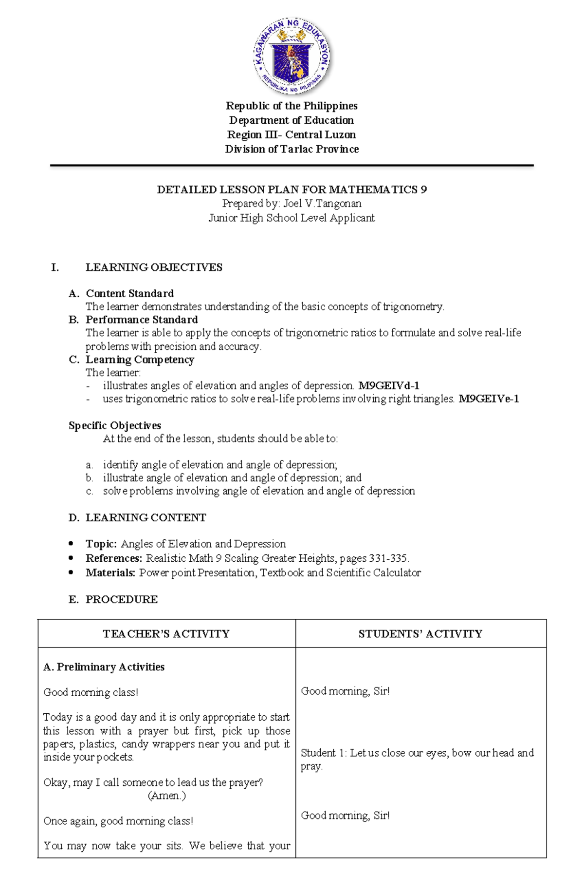 Super Duper Final Detailed Lesson Plan (Angle of Elevation and Depression) - Republic of the ...