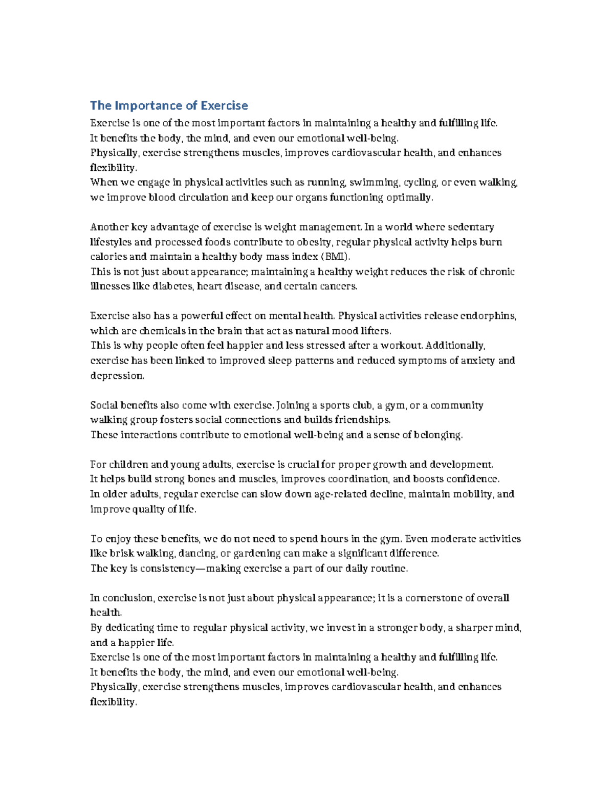 The Importance of Exercise: A Comprehensive Study (Long Essay 2) - Studocu
