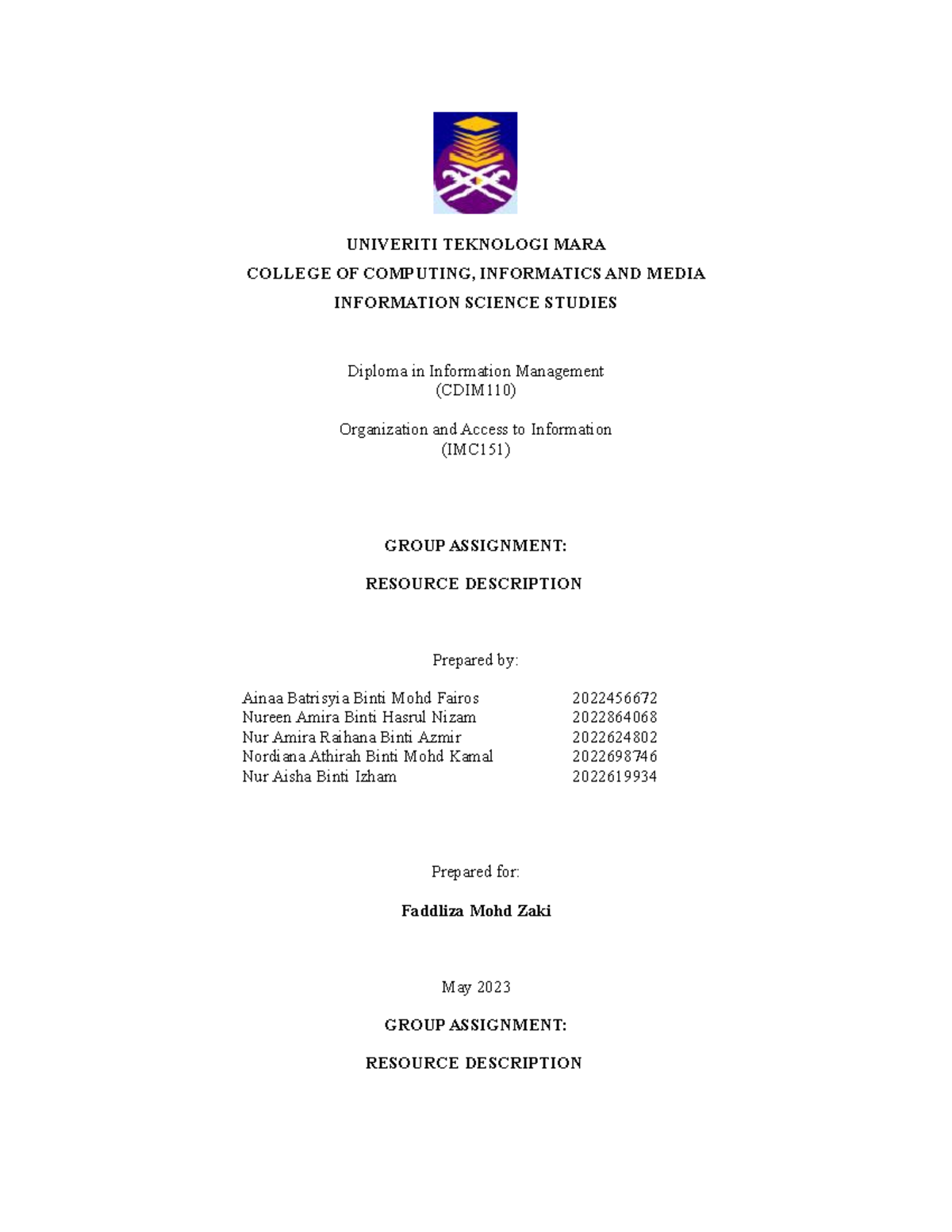 IMC151 Group Assignment: Resource Description of KL Library - Studocu