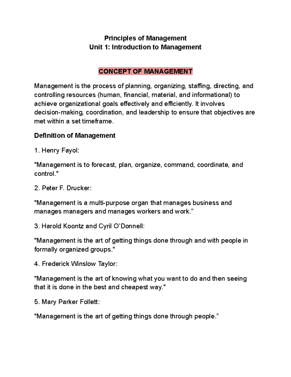 Unit 1: Principles of Management - Introduction and Key Concepts - Studocu