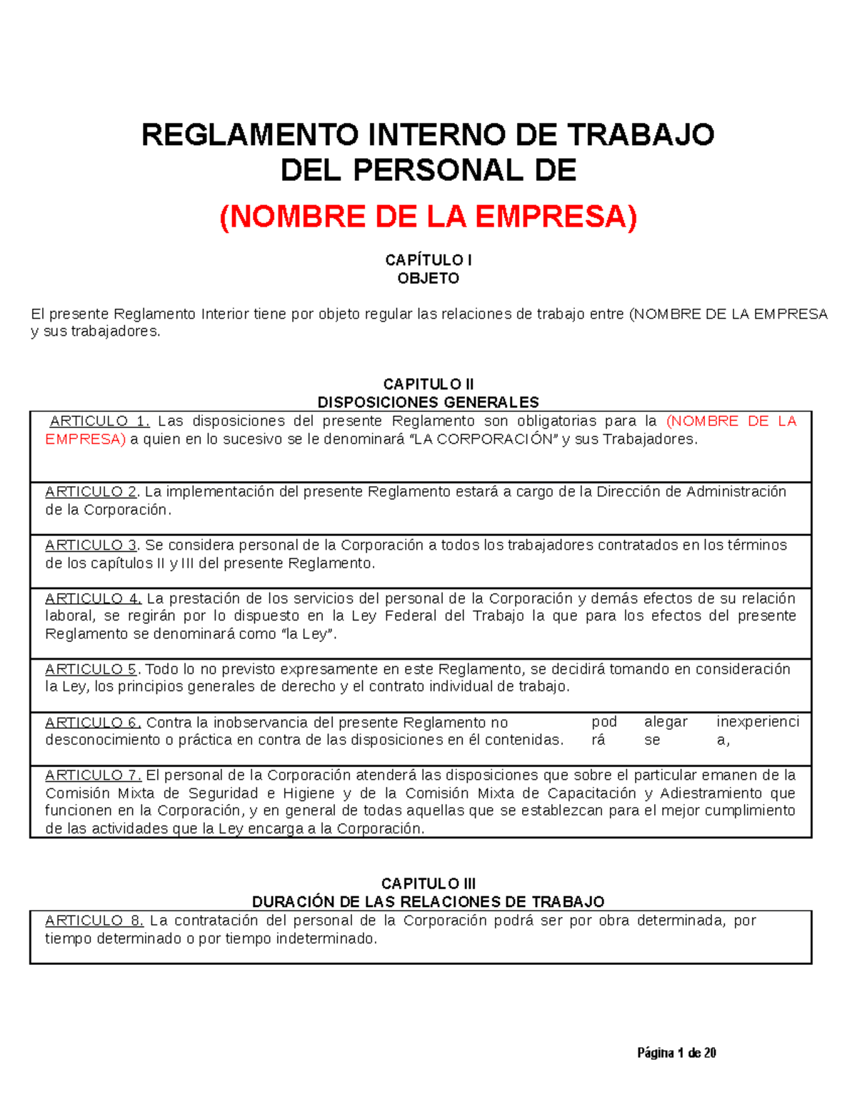 Formato del Reglamento Interno de Trabajo - (NOMBRE DE LA EMPRESA ...