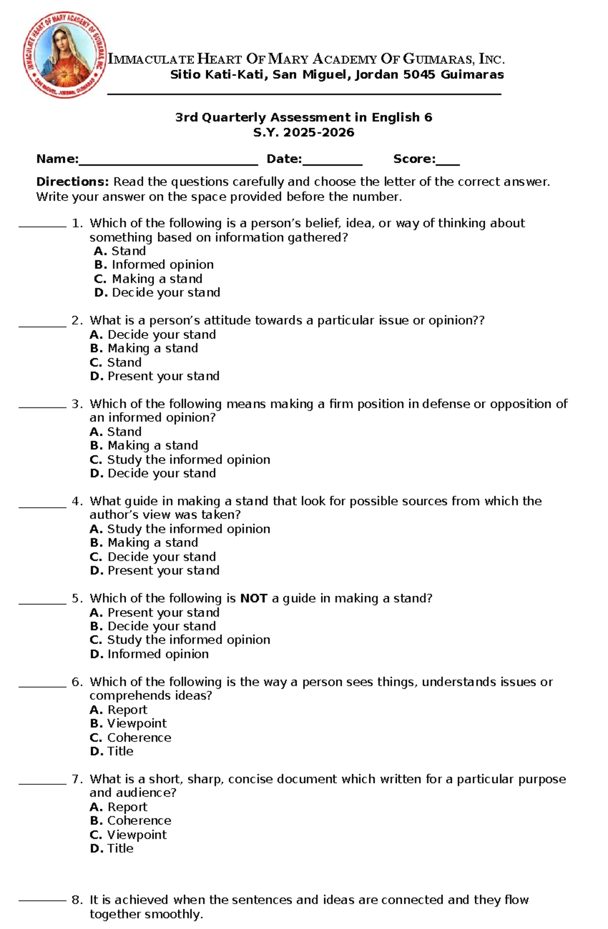English 6 S.Y. 3rd Quarterly Assessment - Grade 6 Exam - Studocu