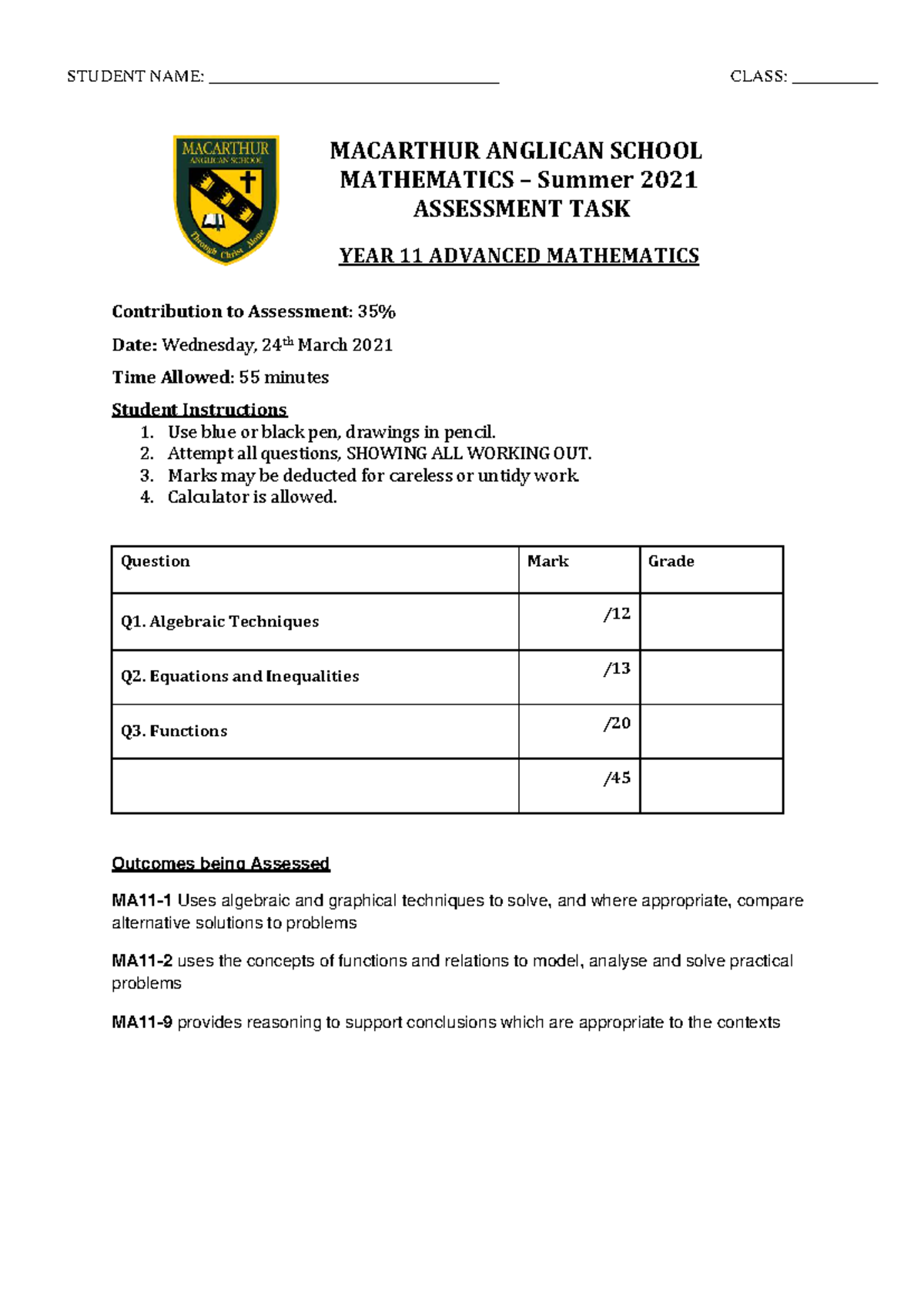2021 Summer Year 11 Adv Maths Assessment Task Questions - Studocu