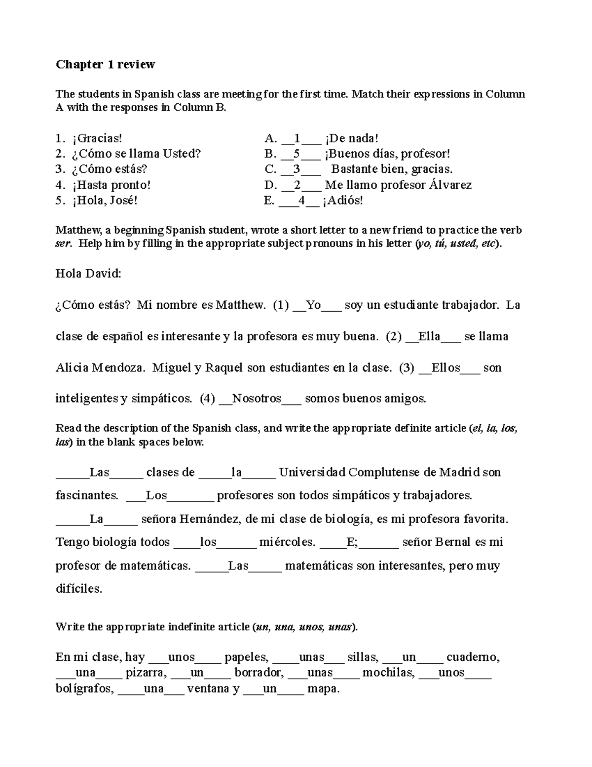 Chapter 1 Review Answers for Spanish Class (SP2025) - Studocu