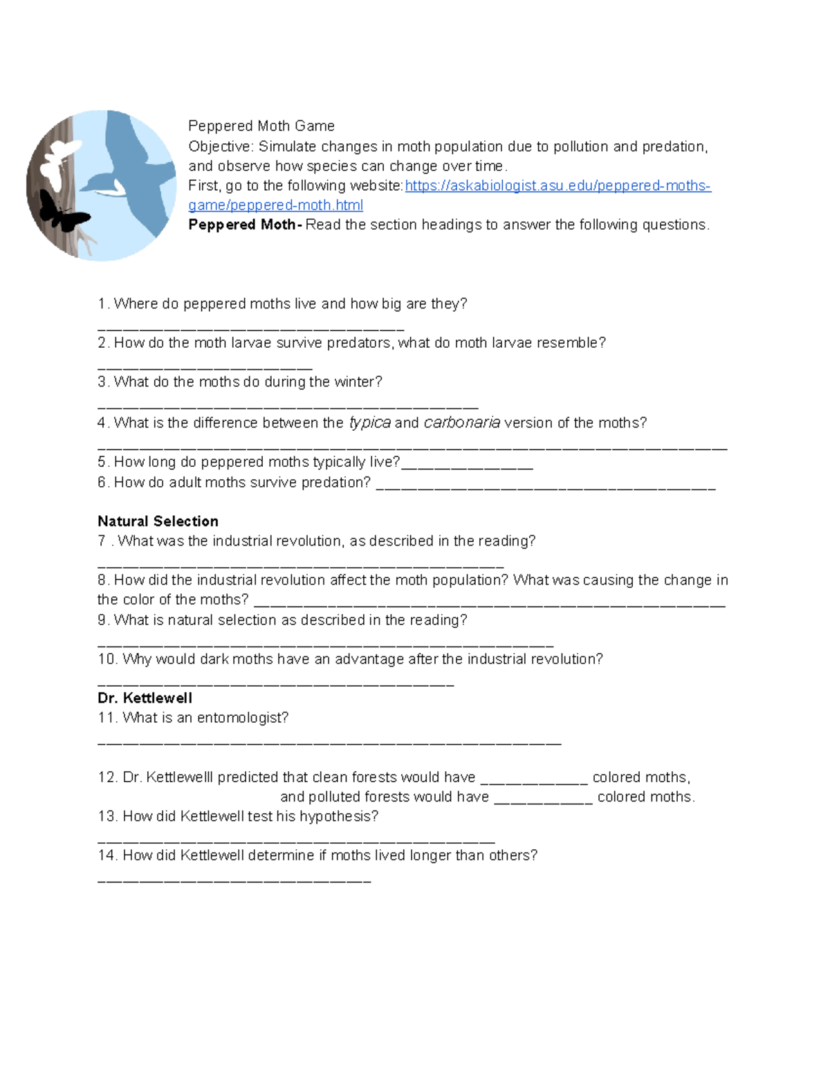 Spring 2024 Peppered Moth Game Simulation and Analysis Questions - Studocu