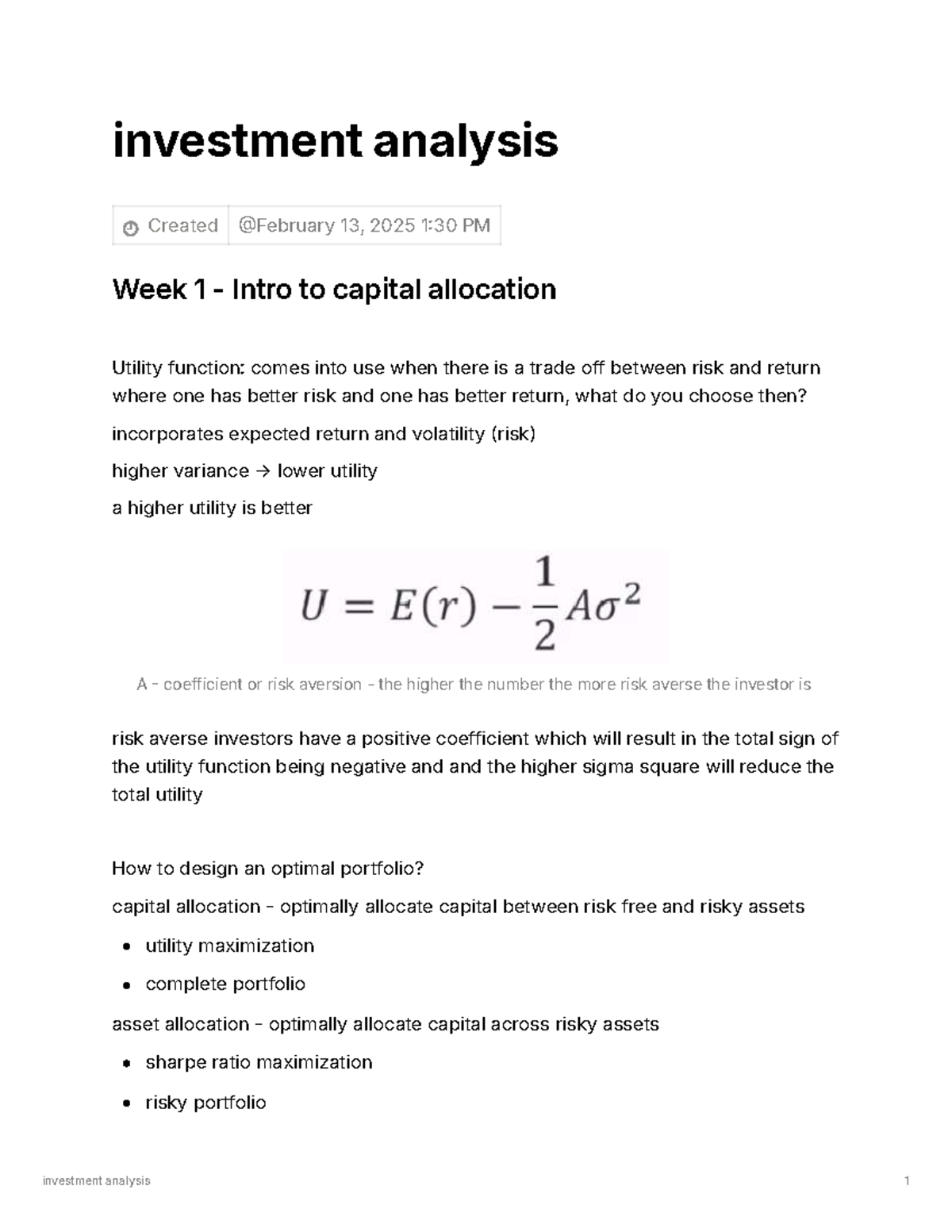 Investment Analysis Notes (FIN 101) - Week 1 to Week 3 Overview - Studocu