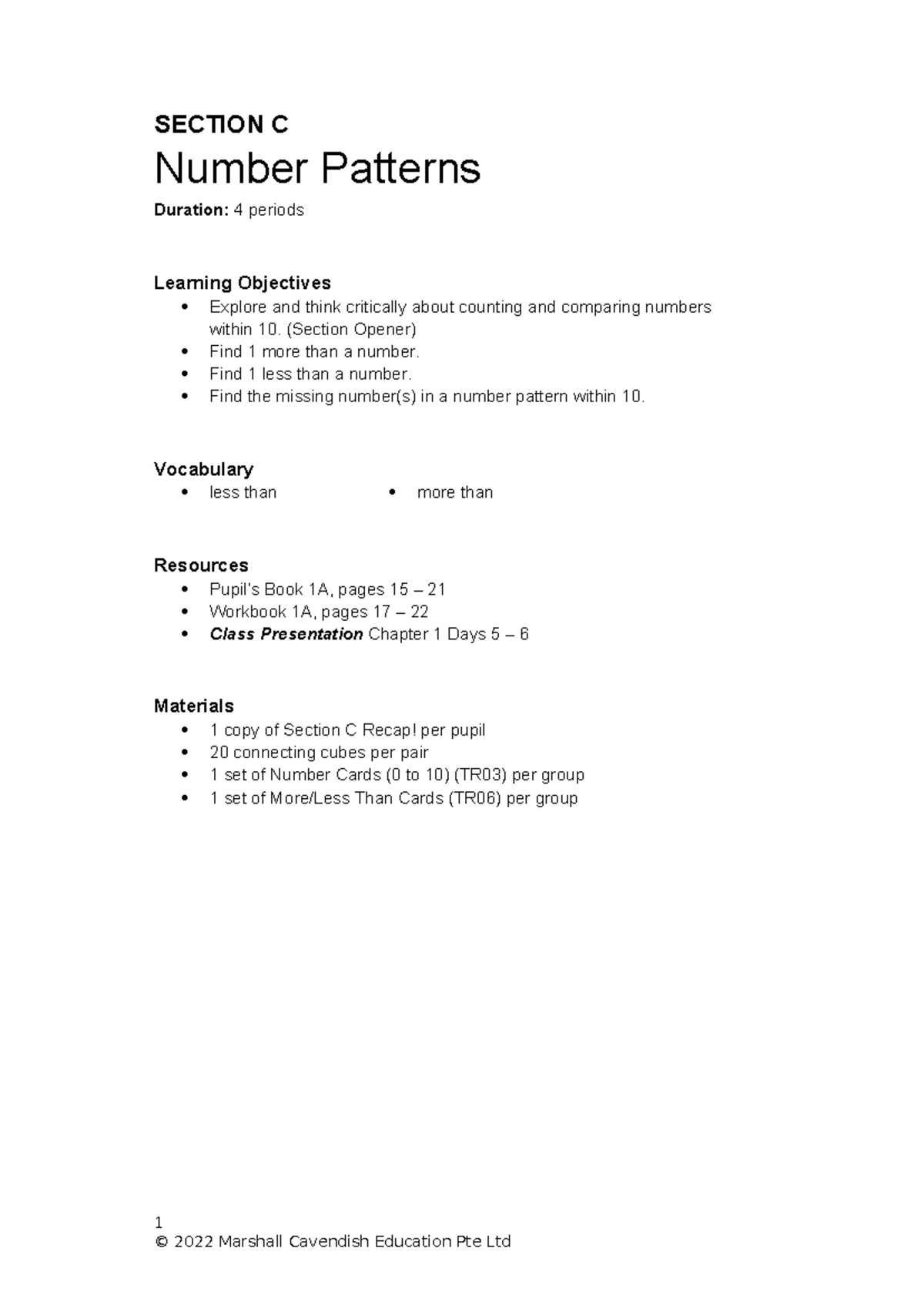 07 MPAH 1A 01 Section C Lesson Plans - SECTION C Number Patterns ...