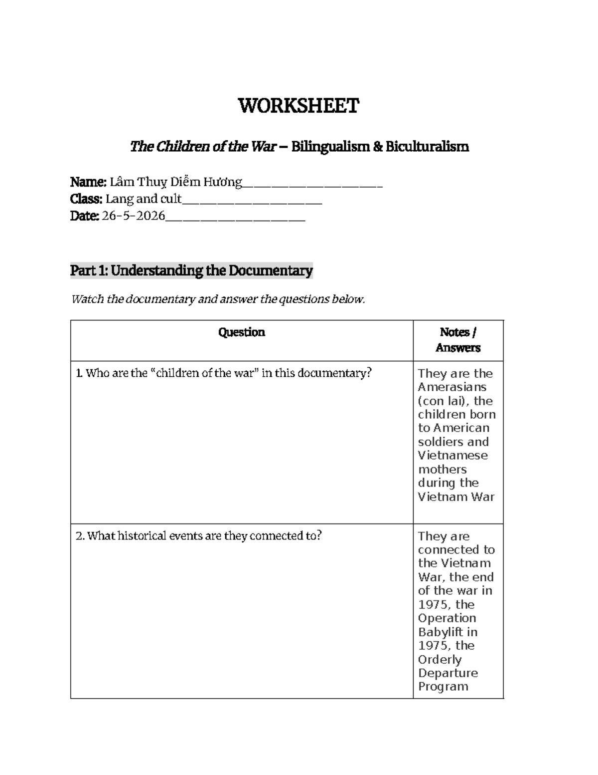 Worksheet: The Children of the War - Bilingualism & Biculturalism ...