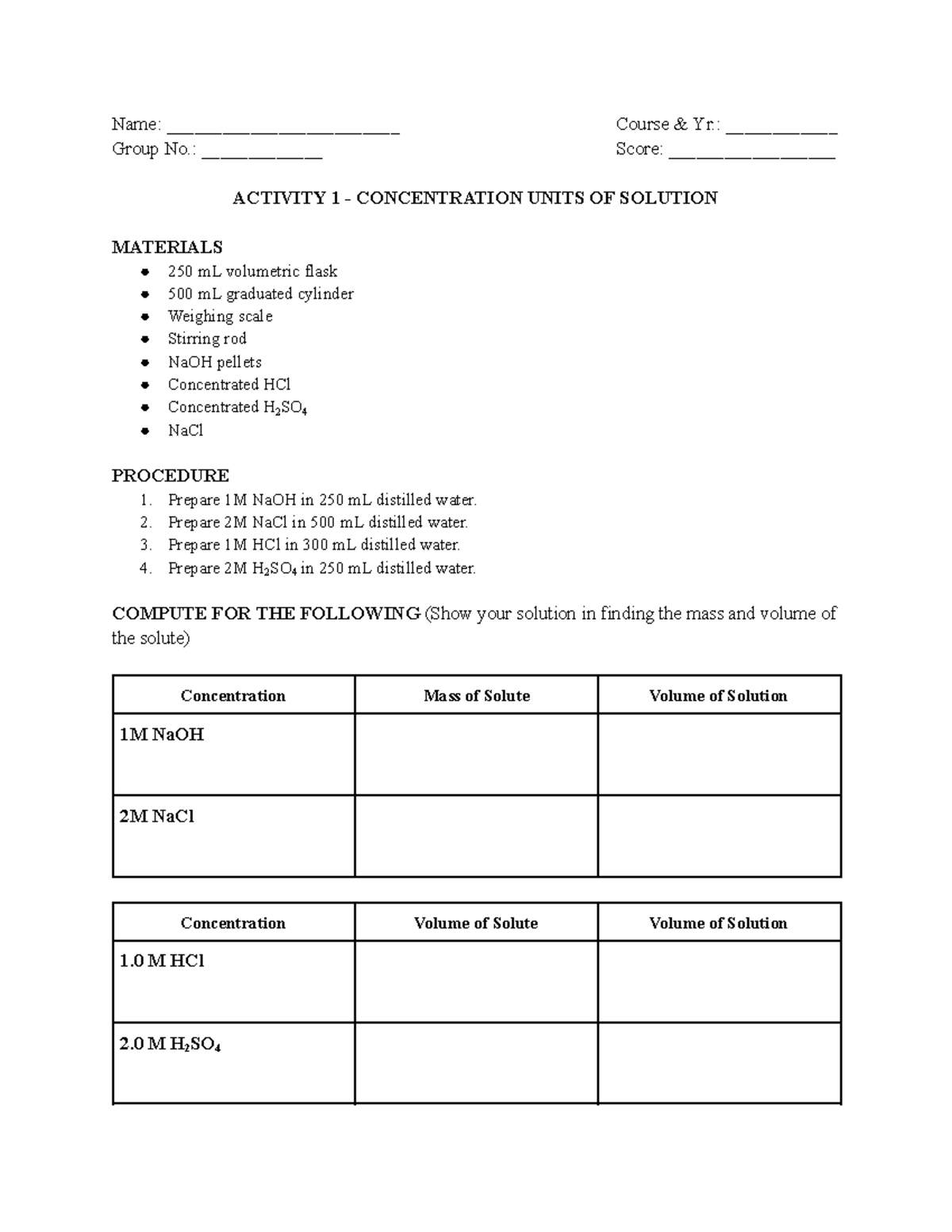 Activity 1: Concentration Units of Solution (Chem 101) - Studocu
