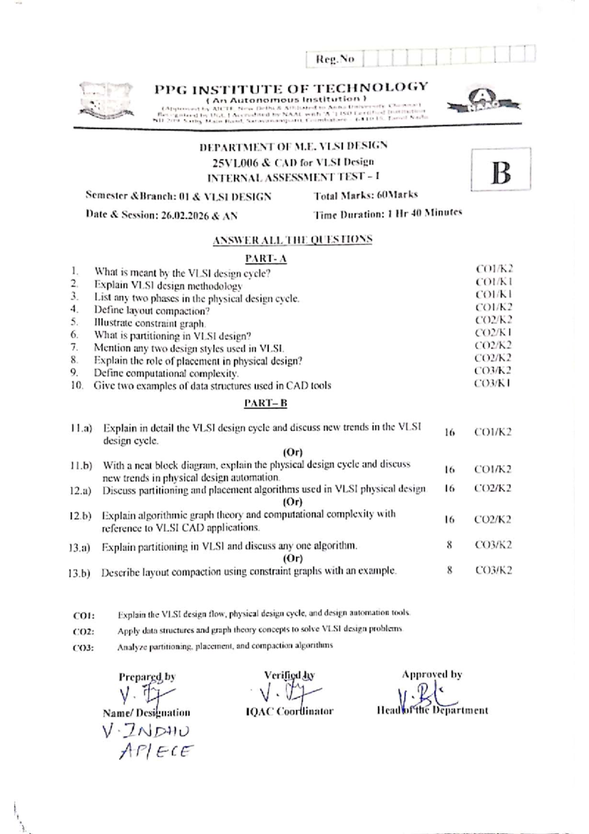 PPG INSTITUTE OF TECHNOLOGY - VLSI DESIGN Internal Assessment Test I ...