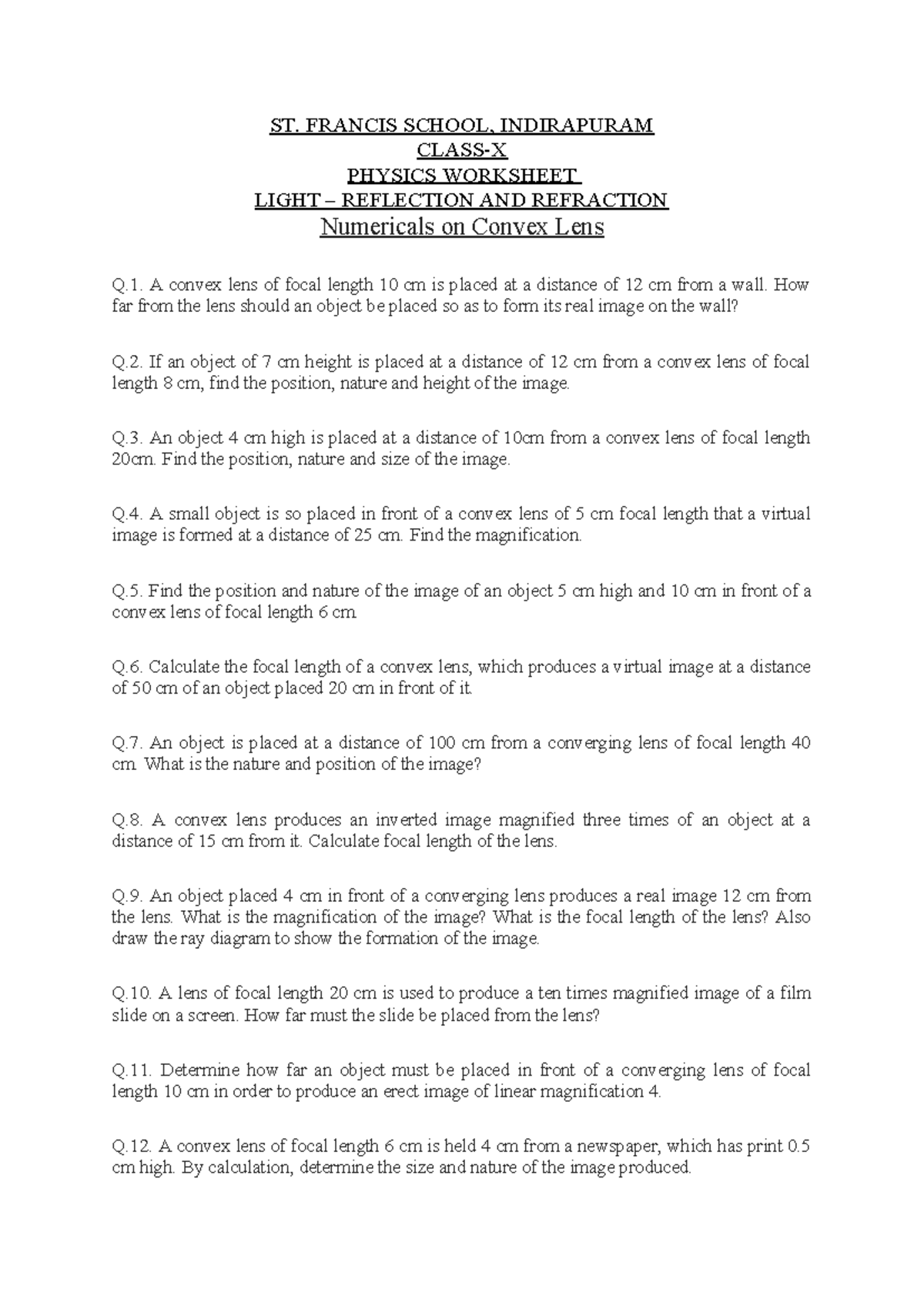 ST. FRANCIS SCHOOL PHYSICS WORKSHEET 4: LIGHT REFLECTION & REFRACTION ...