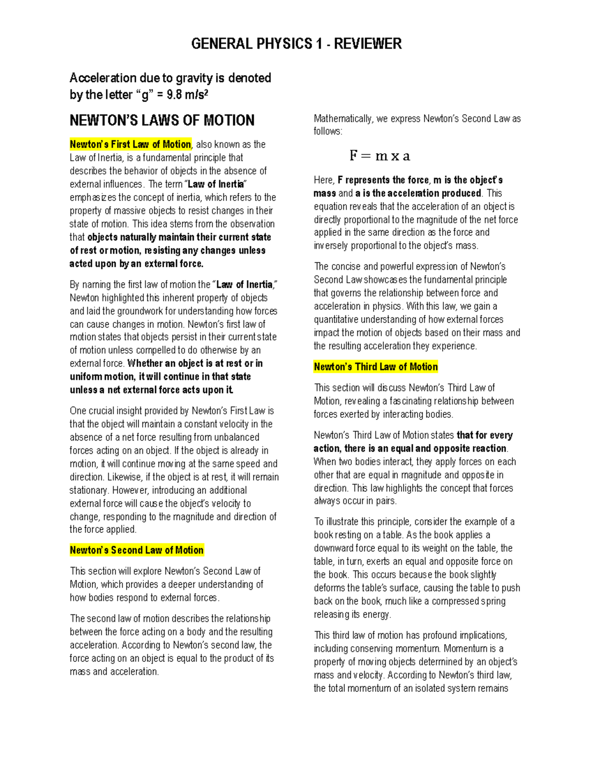 GEN- Physics Reviewer: Newton's Laws & Work-Energy Concepts - Studocu