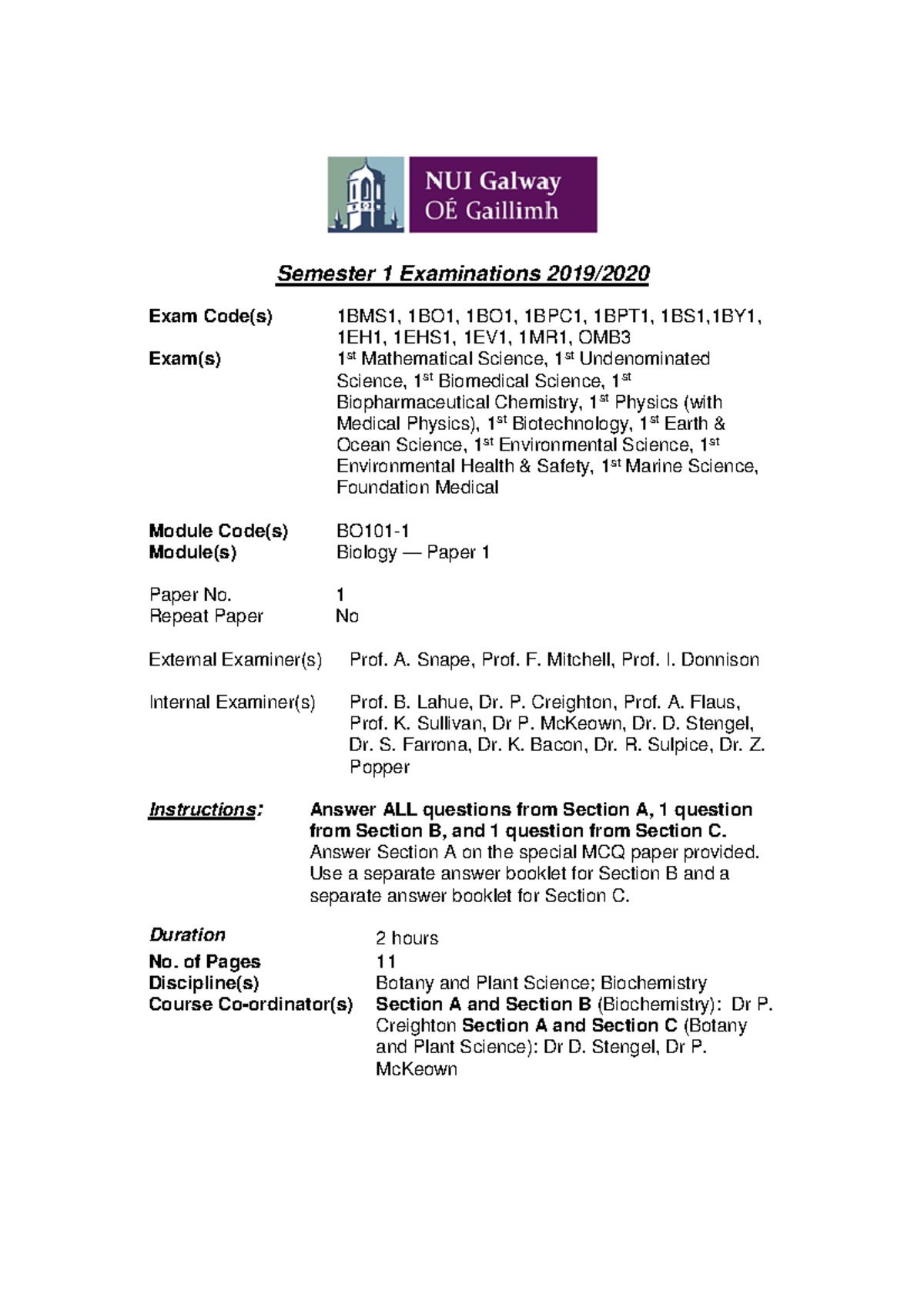 BO101 Biology Paper 1 - Semester 1 Exam Q&A 2019/20 - Studocu