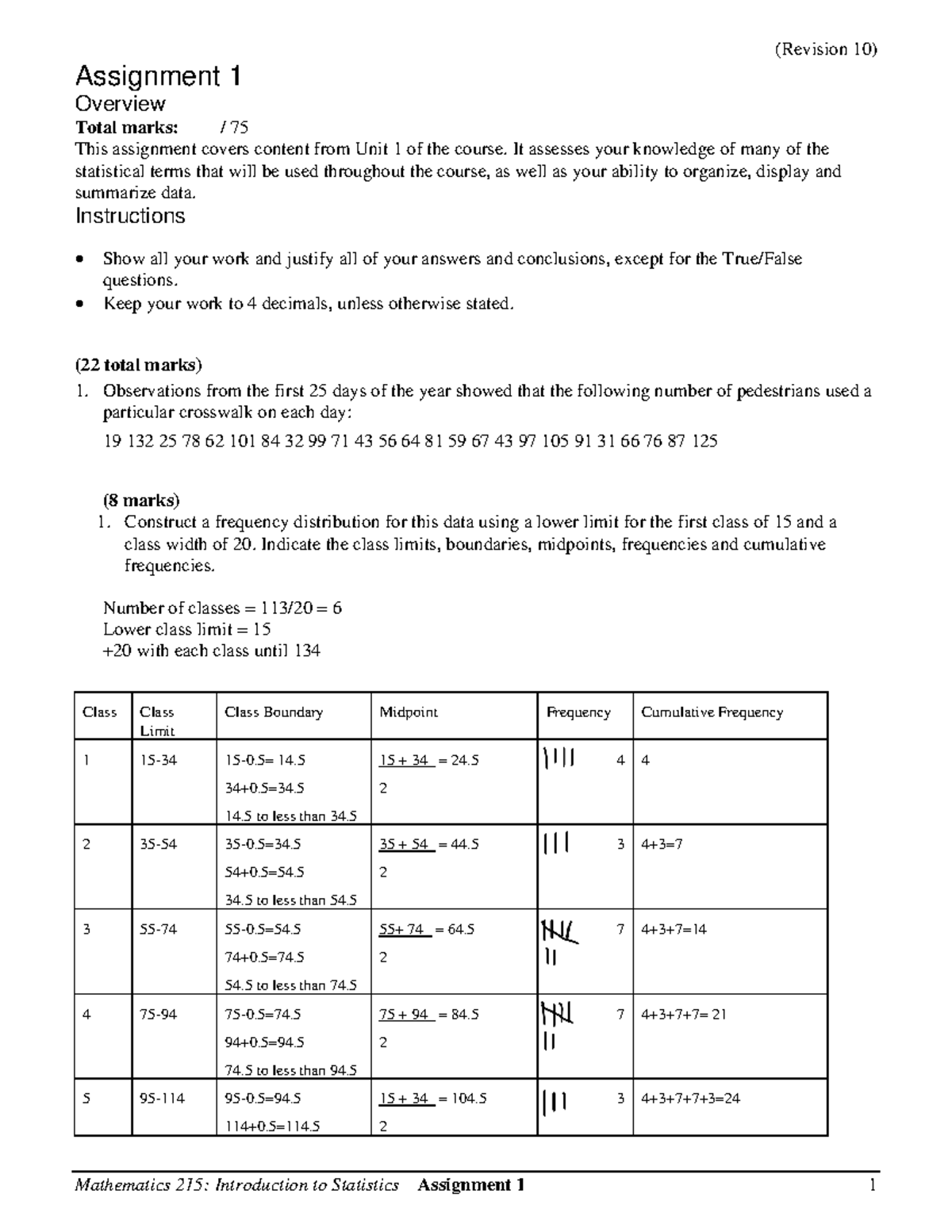 Statistical Analysis for Unit 1 - Assignment 1 (Total: 75 Marks) - Studocu