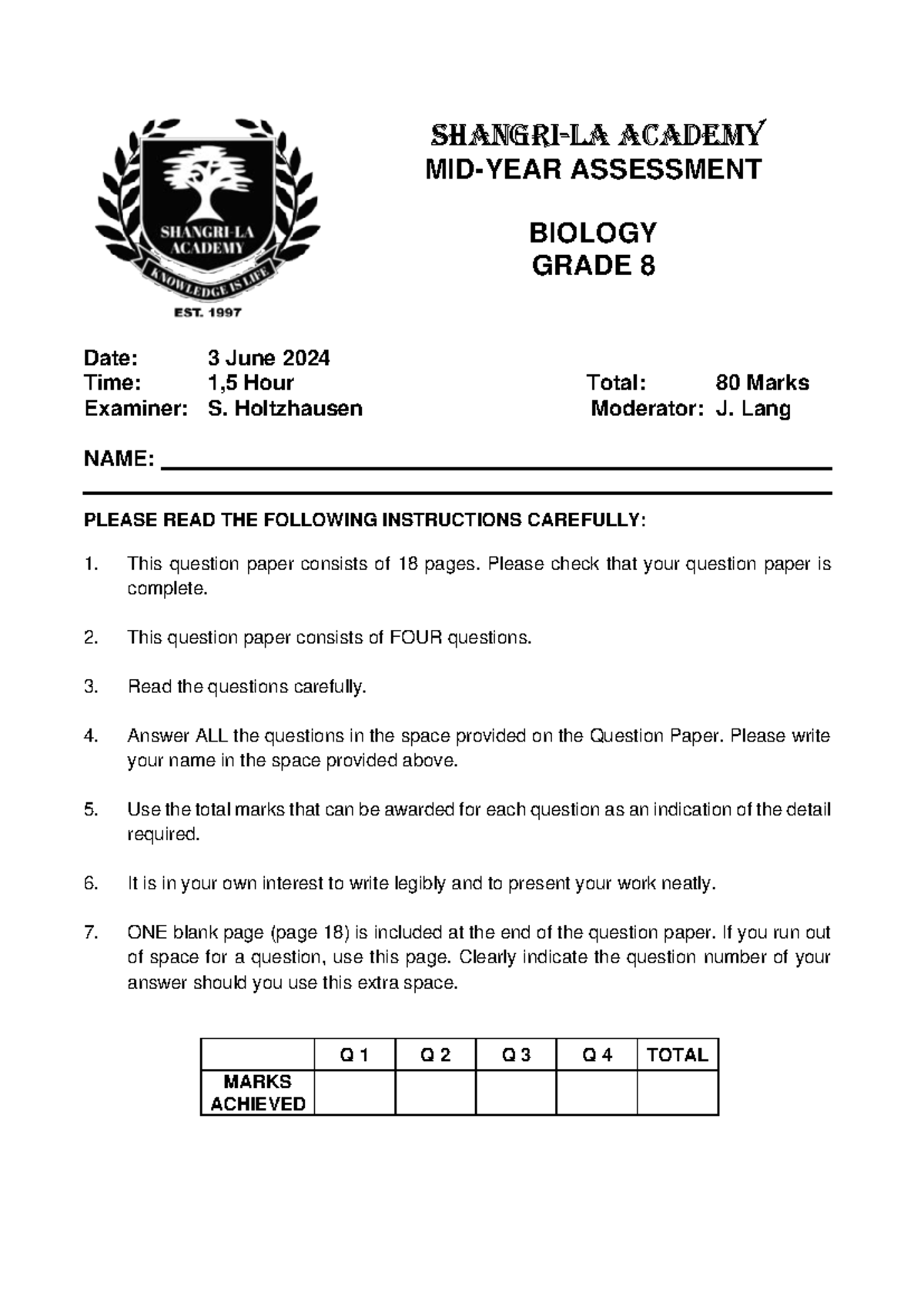 Gr. 8 BIOLOGY MID-YEAR ASSESSMENT - Exam Paper 3 June 2024 - Studocu