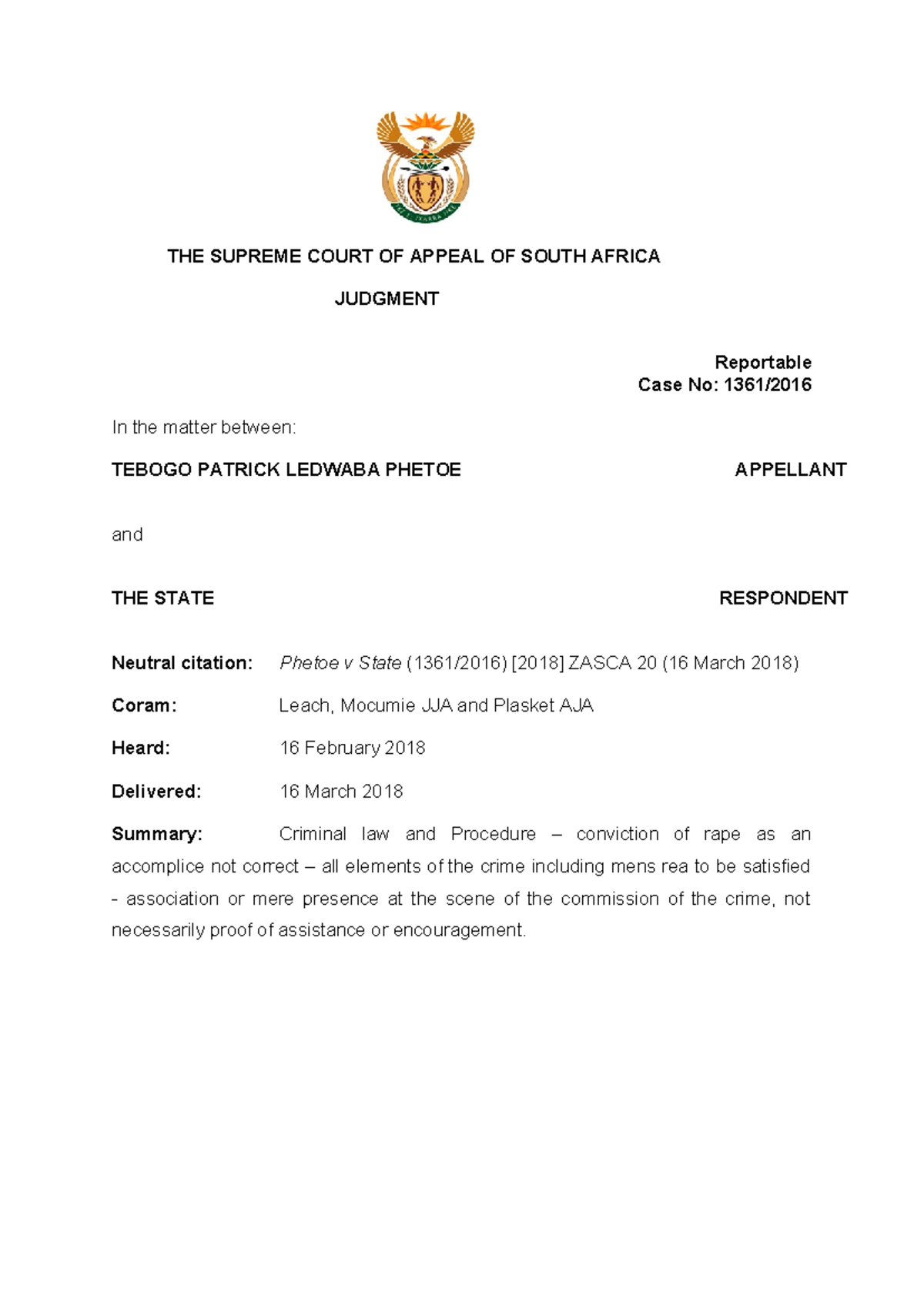 S v Phetoe - Supreme Court Appeal Judgment Analysis - Studocu
