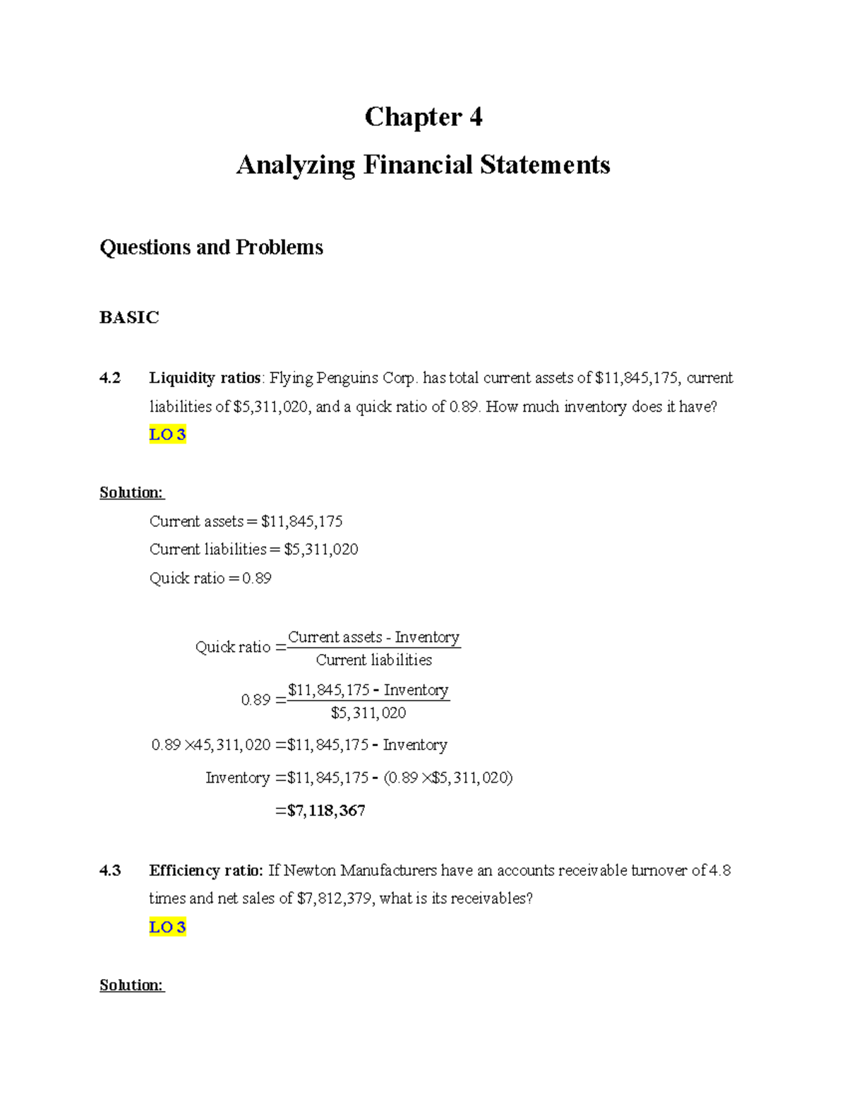 Ch03/04 solution - Chapter 4 Analyzing Financial Statements Questions ...