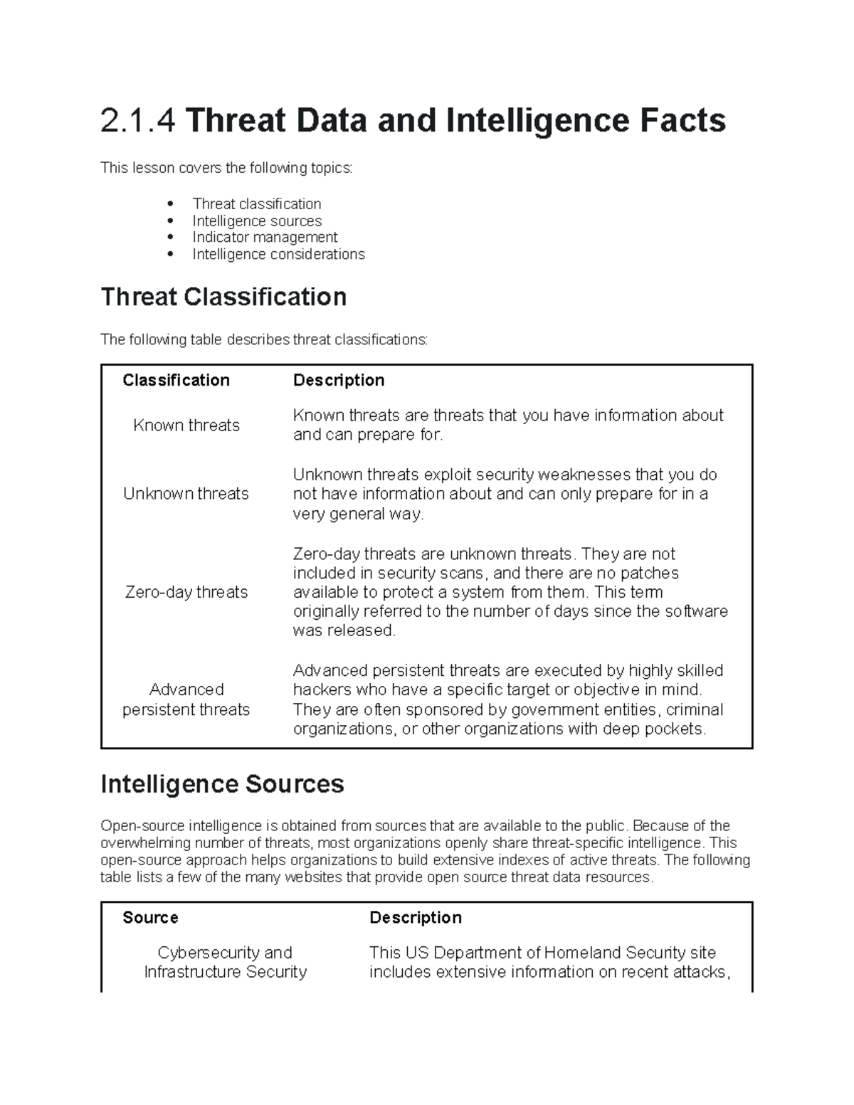 2.1.4 Threat Data & Intelligence: Classifications, Sources & Management ...