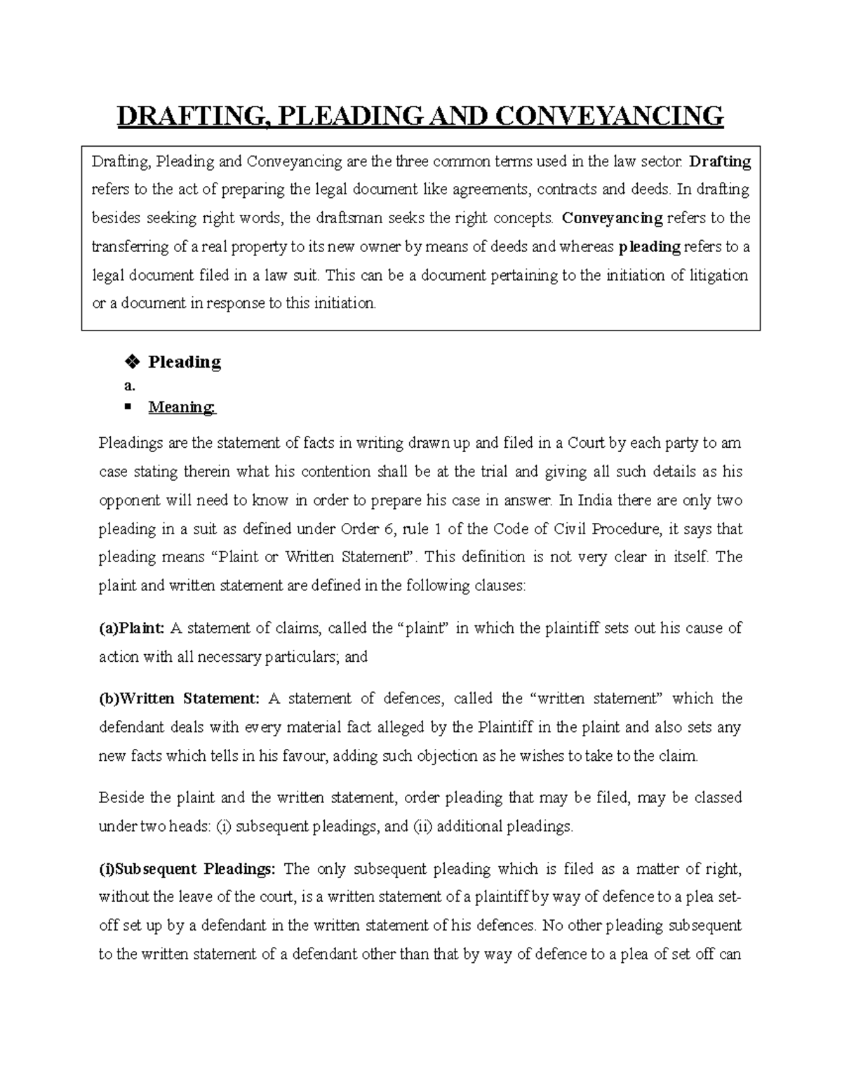 DPC Course Notes: Comprehensive Overview of Drafting & Pleading - Studocu