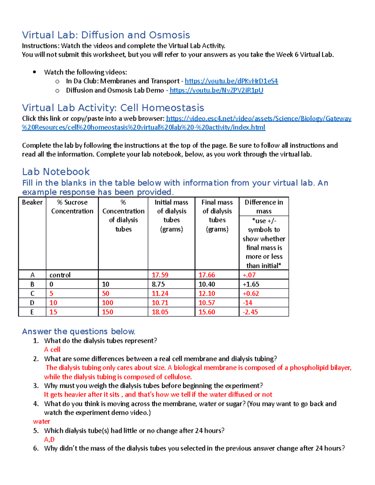 Diffusion and Osmosis Virtual Lab Worksheet - Virtual Lab: Diffusion ...