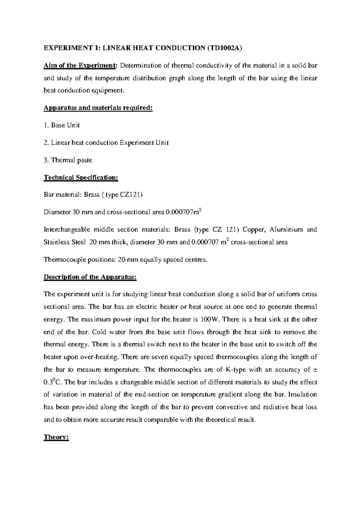 EXPERIMENT 1: LINEAR HEAT CONDUCTION (TD1002A) - Heat Transfer Lab ...