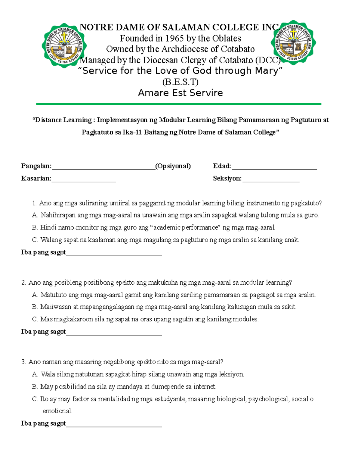 Pananaliksik Survey FORM ( Final) (ABM 11, Group 1) - NOTRE DAME OF ...