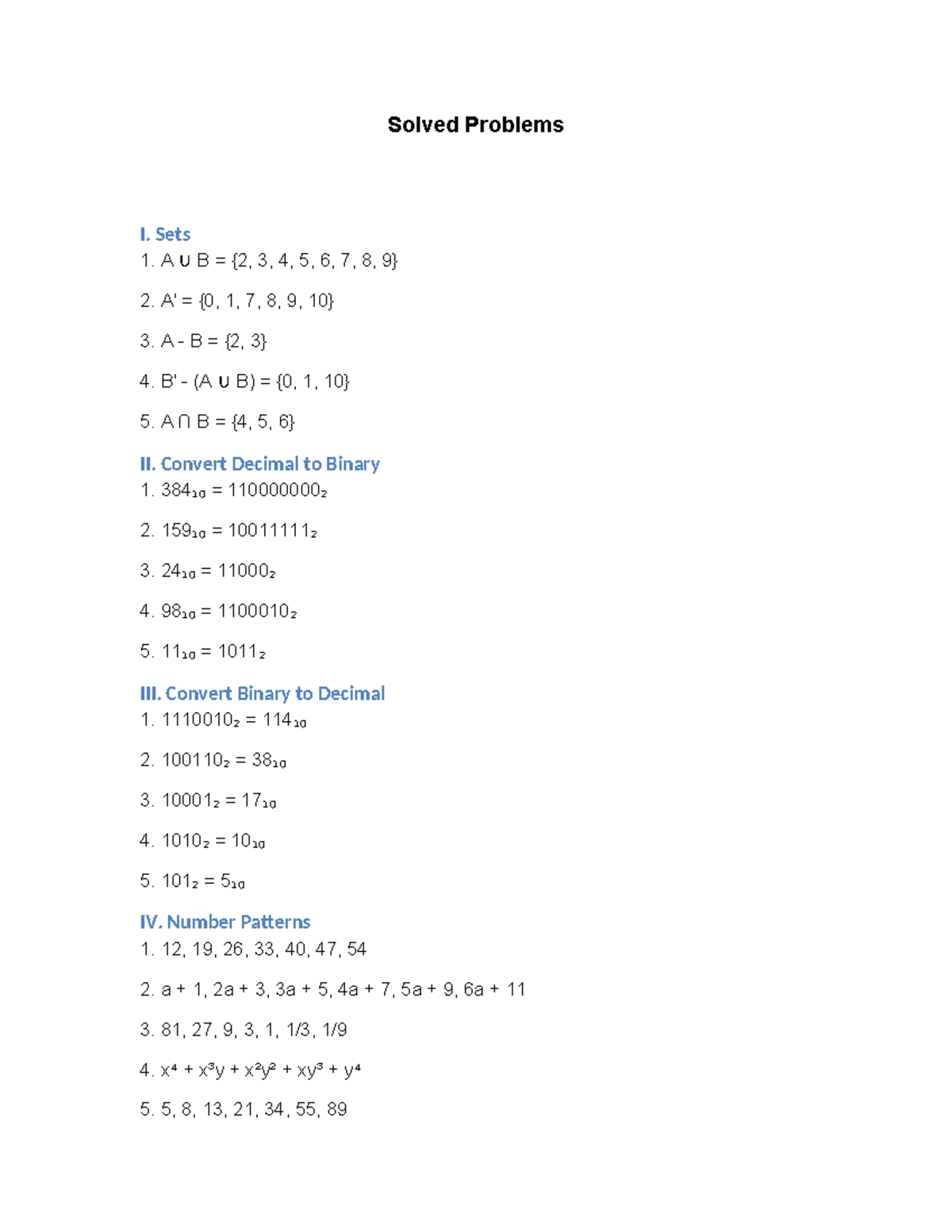 Solved Problems - lecture - Solved Problems I. Sets 1. A ∪B = {2, 3, 4, 5, 6, 7, 8, 9} 2. A ...