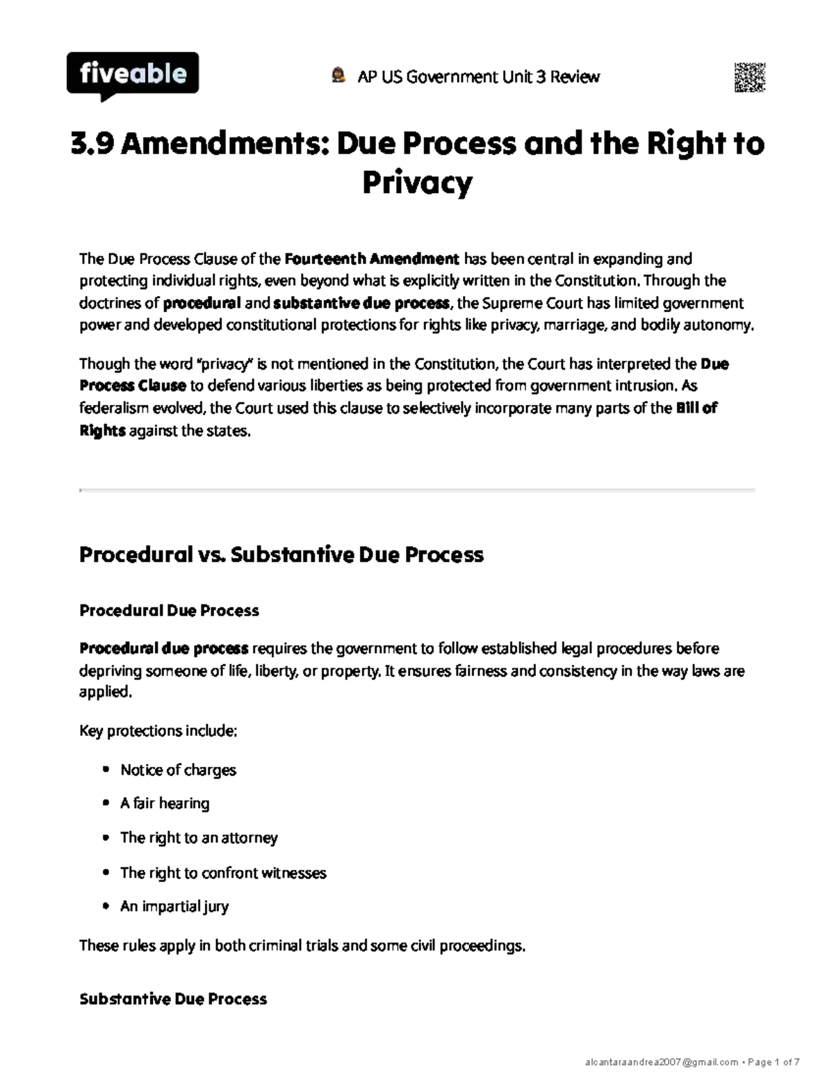 Due Process & the Right to Privacy: AP US Gov Unit 3 Review - Studocu