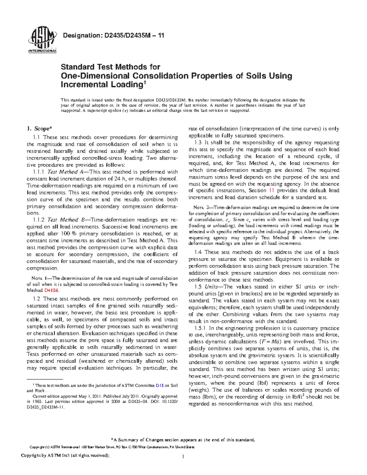 ASTM D2435-D2435M-11: Standard Test Methods for Soil Consolidation ...