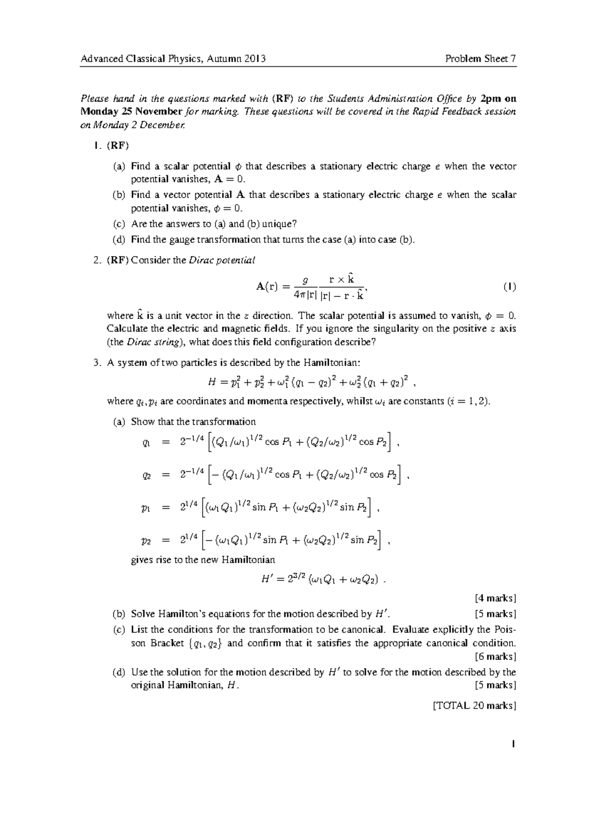 Advanced Classical Physics 2013-2014 Problem Sheet 7 - Advanced ...