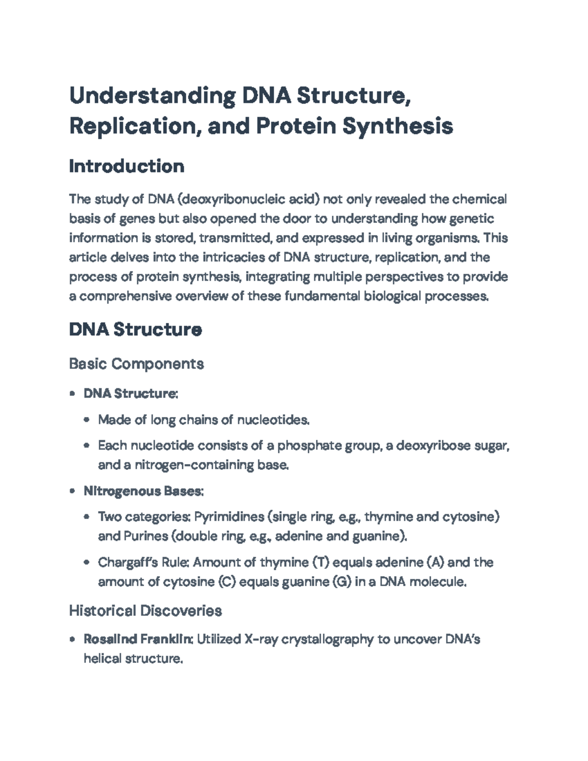 DNA Structure, Replication, and Protein Synthesis Overview ...