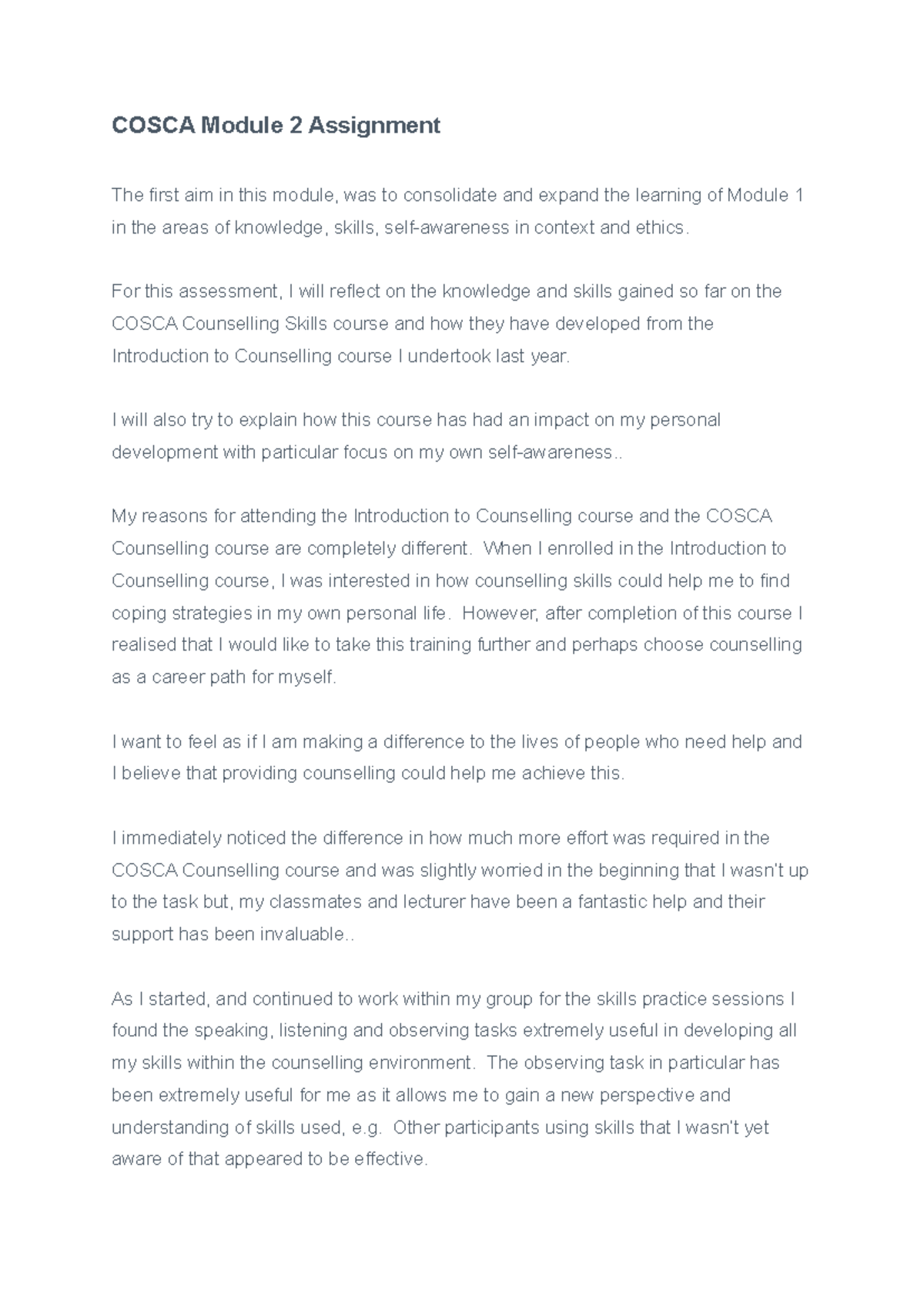 COSCA Module 2 Reflection: Skills Development and Self-Awareness - Studocu