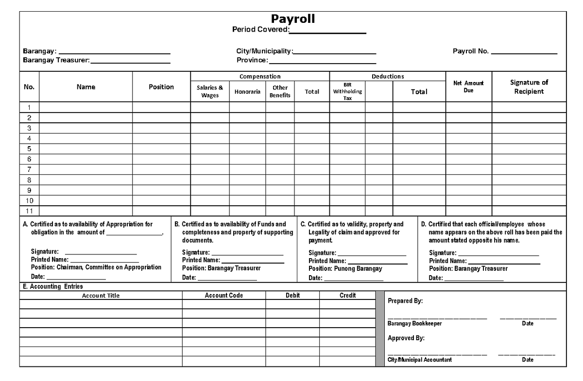 Payroll Records for Honorarium - January 2020 (Barangay Fatima) - Studocu