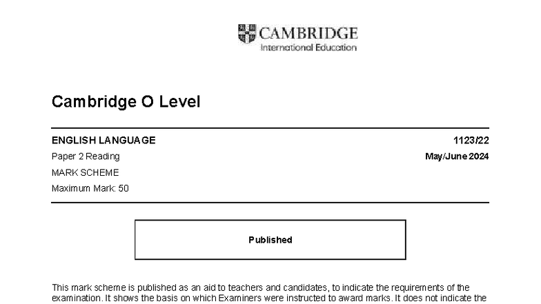 Cambridge O Level ENGLISH LANGUAGE 1123/22 Reading 2024 Mark Scheme ...