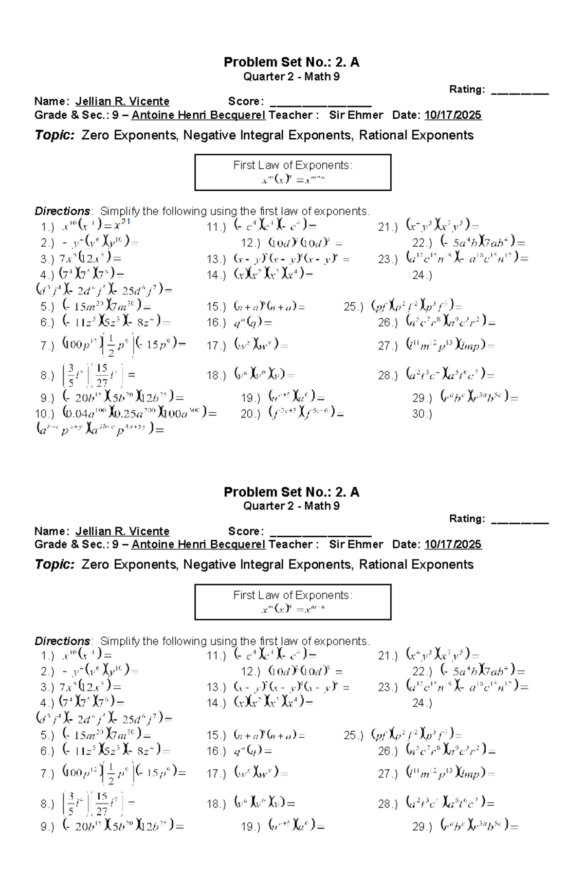 Math 9 Q2 Problem Set 2: Exponents Simplification - Studocu