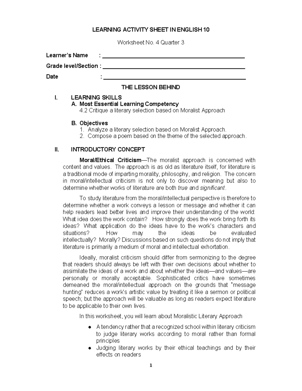 English 10 Q3 Learning Activity Sheet: Moralist Approach Exploration ...