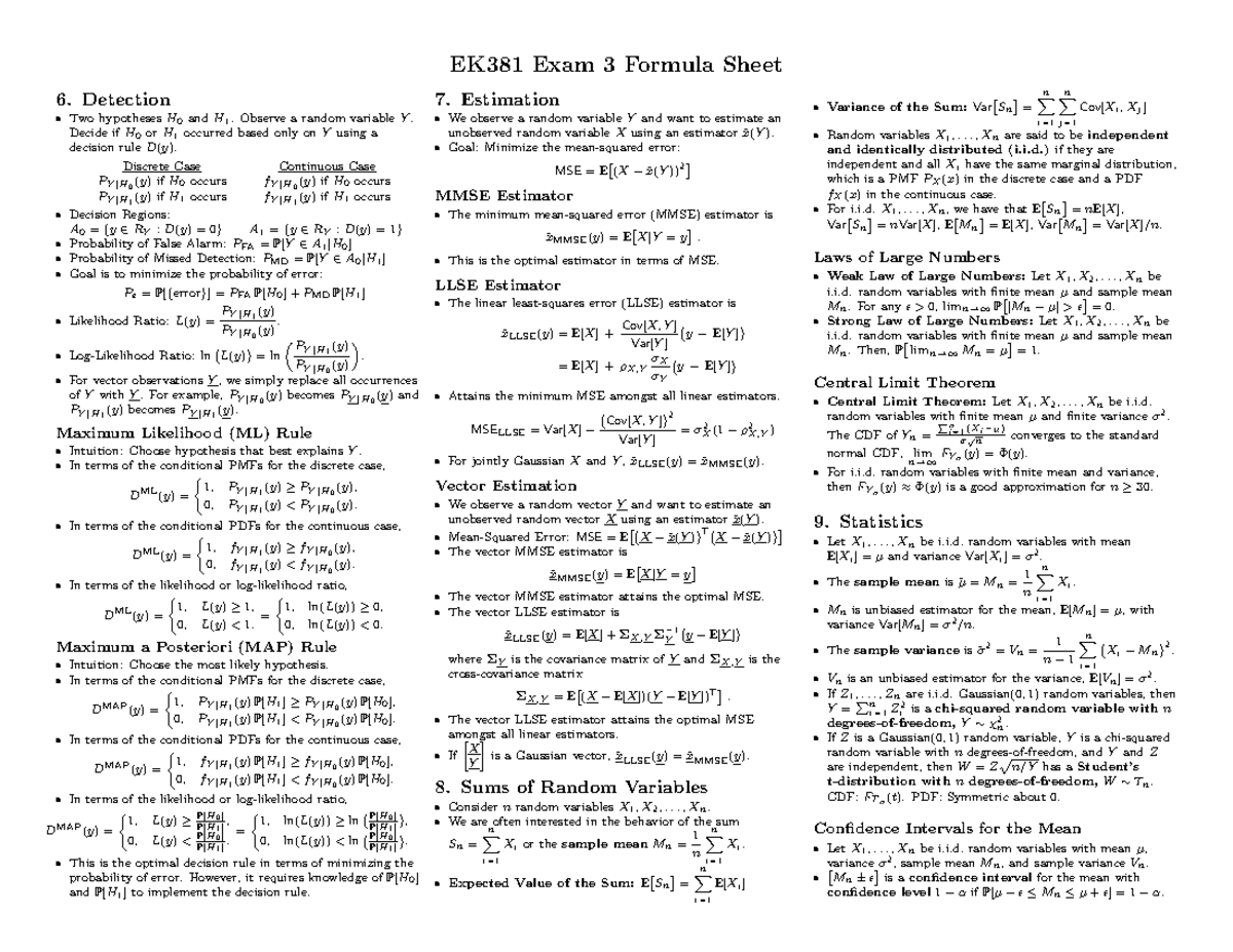 EK381 Exam 3 Formula Sheet: Detection & Estimation Techniques - Studocu