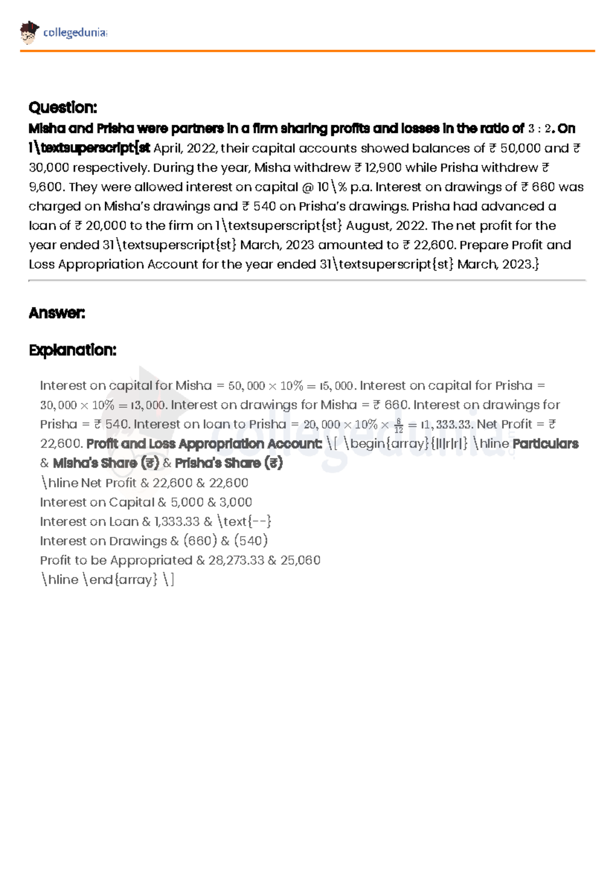 Profit and Loss Appropriation Account for Misha & Prisha (2022-2023 ...