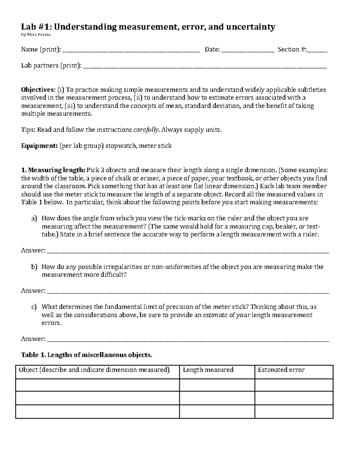 Lab #1: Intro to Measurement, Error, and Uncertainty (PHYS101) - Studocu