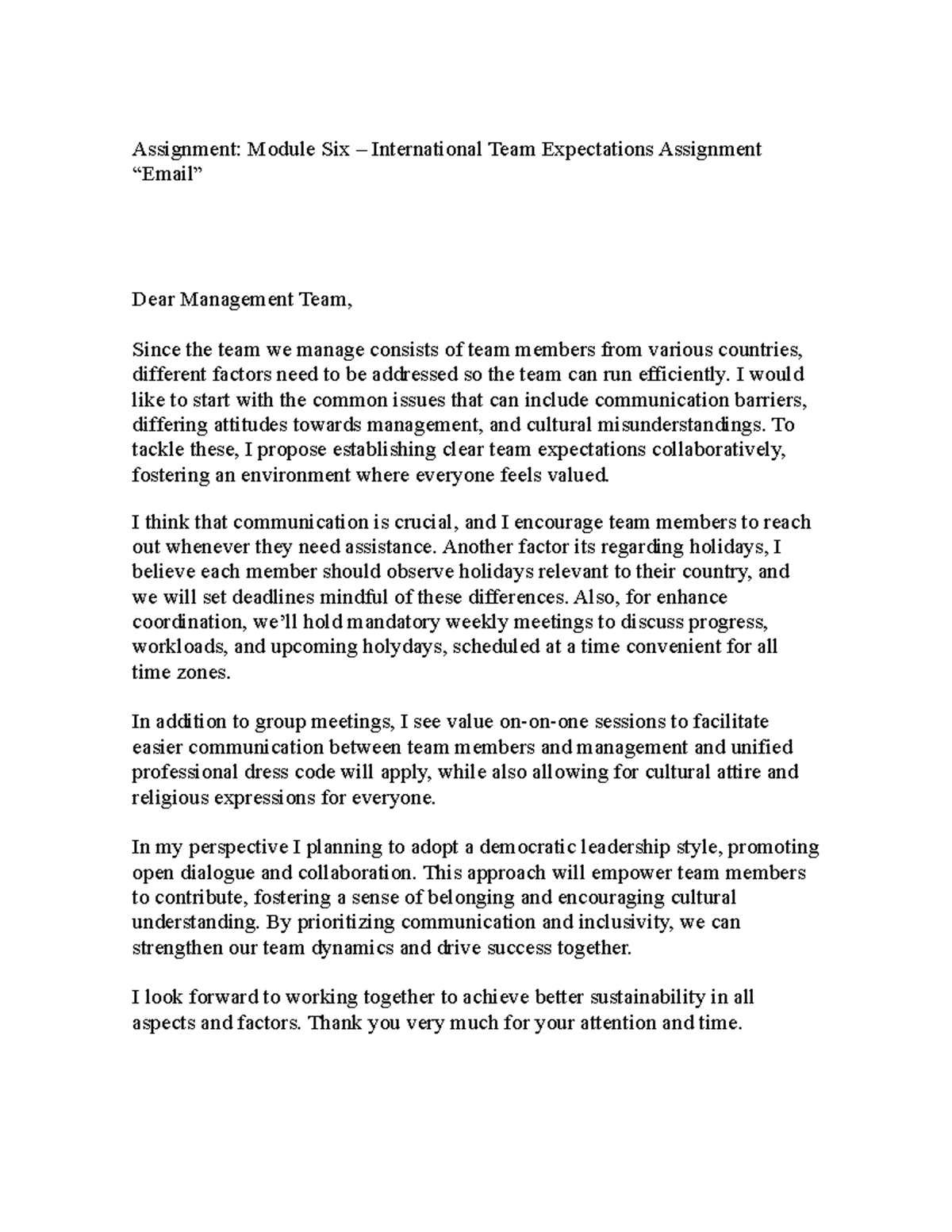 INT 220 Module Six Email: International Team Expectations Proposal - Studocu