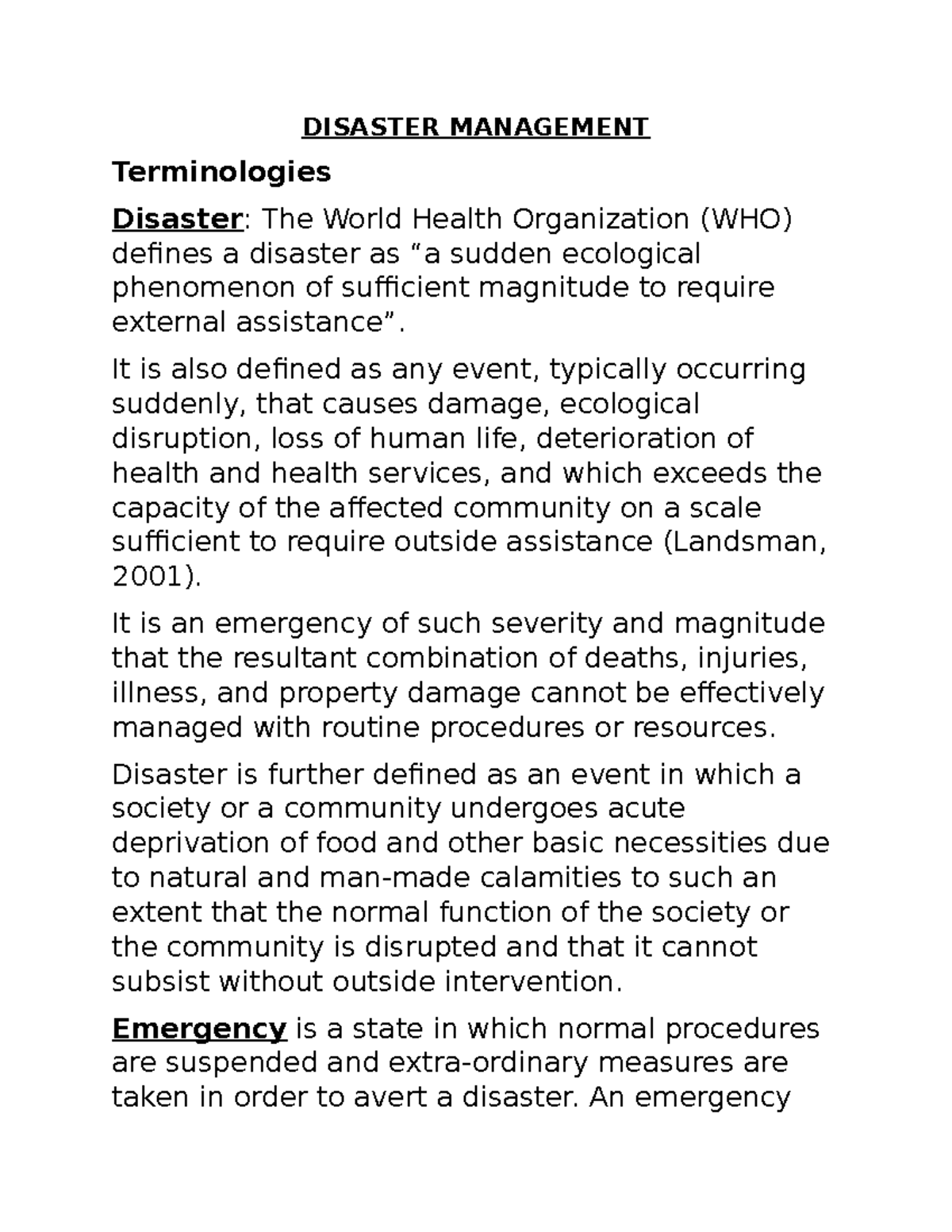 Disaster Management Terminologies: Key Concepts and Definitions - Studocu