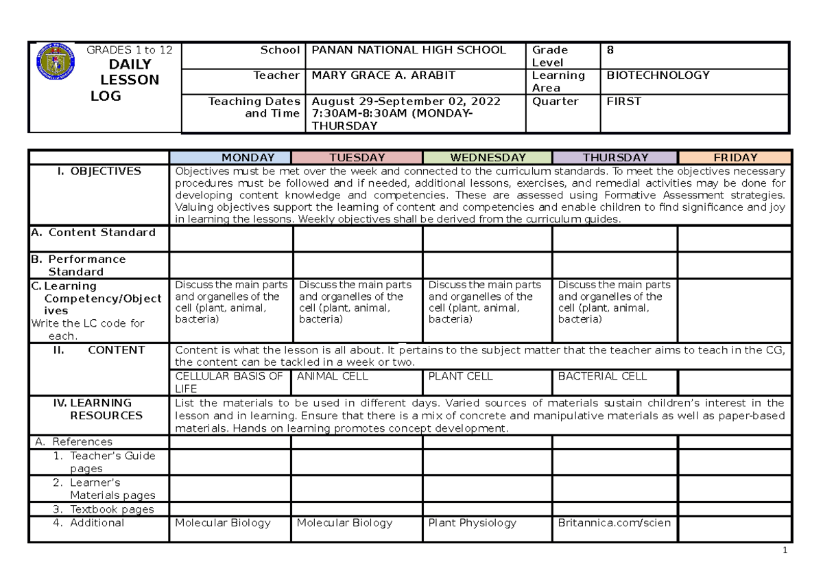 DLL Biotech Grade 8 - Weekly Lesson Plan and Objectives Q1W1 - Studocu