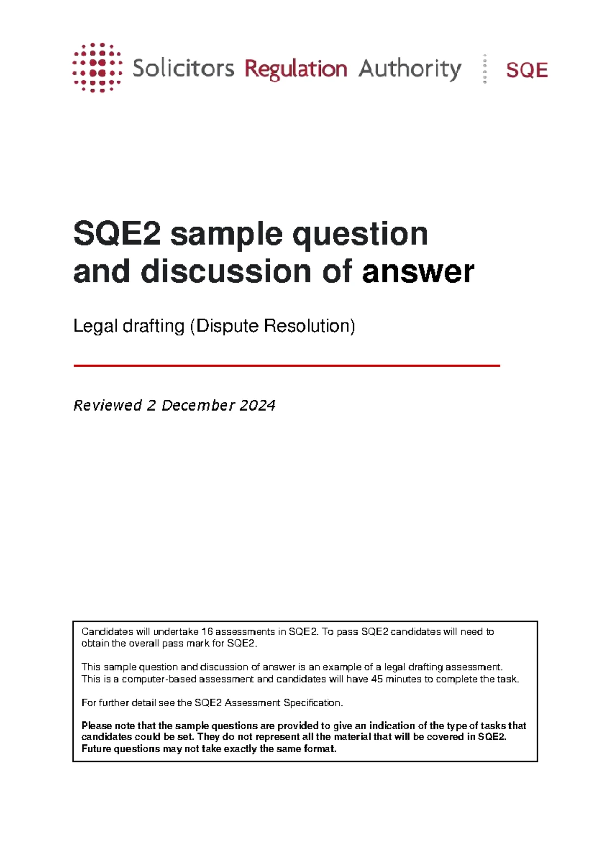 SRA SQE2 Sample Legal Writing Assessment & Discussion of Answers - Studocu