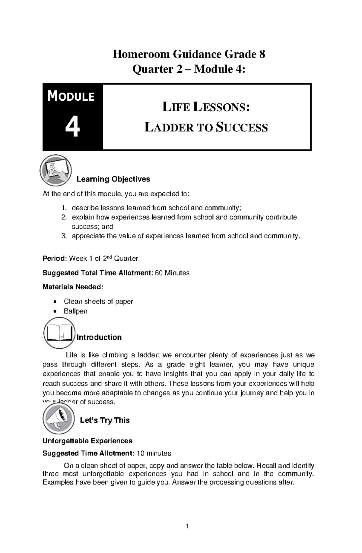 HG-G8 Homeroom Guidance Module 4: Lessons from Experiences - Studocu